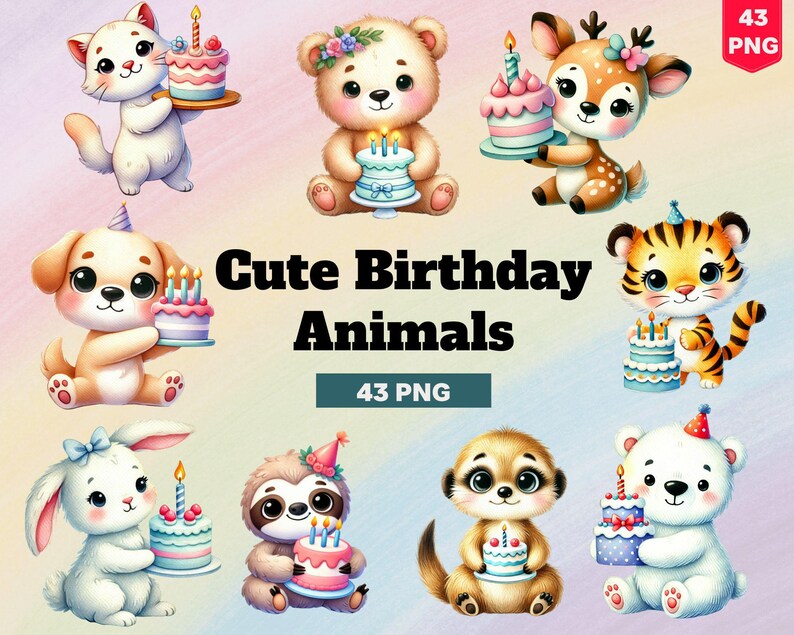 Birthday Animals Clipart Bundle, Woodland Jungle Animal With Party Hat ...