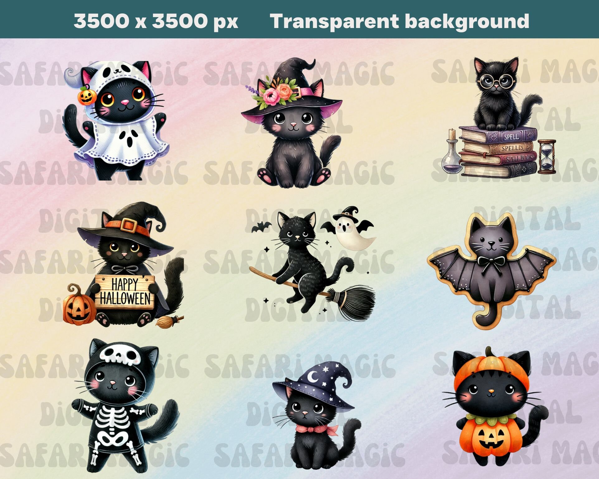 Black Cat Halloween PNG, Kawaii Cute Cat Halloween Clipart Watercolor ...