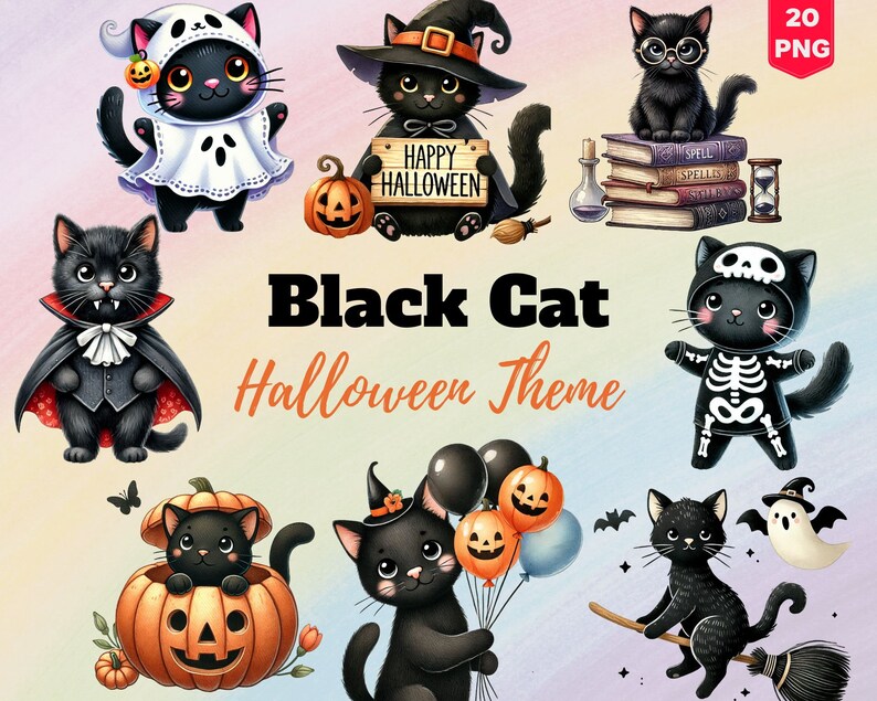 Black Cat Halloween PNG, Kawaii Cute Cat Halloween Clipart Watercolor ...