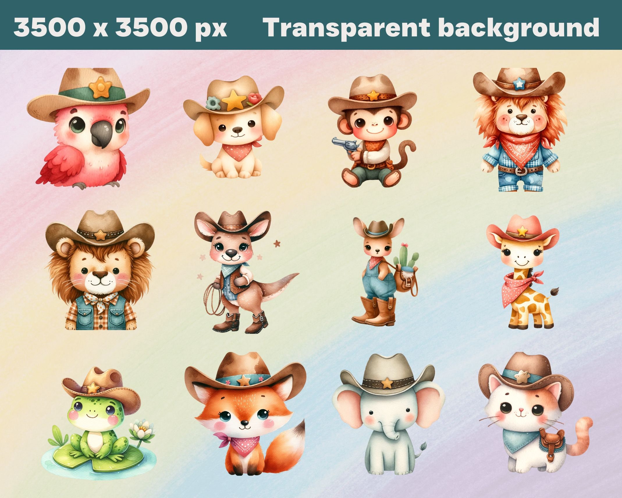 Cowboy Animal Clipart, Cute Cowboy Animal PNG, Watercolor Western ...