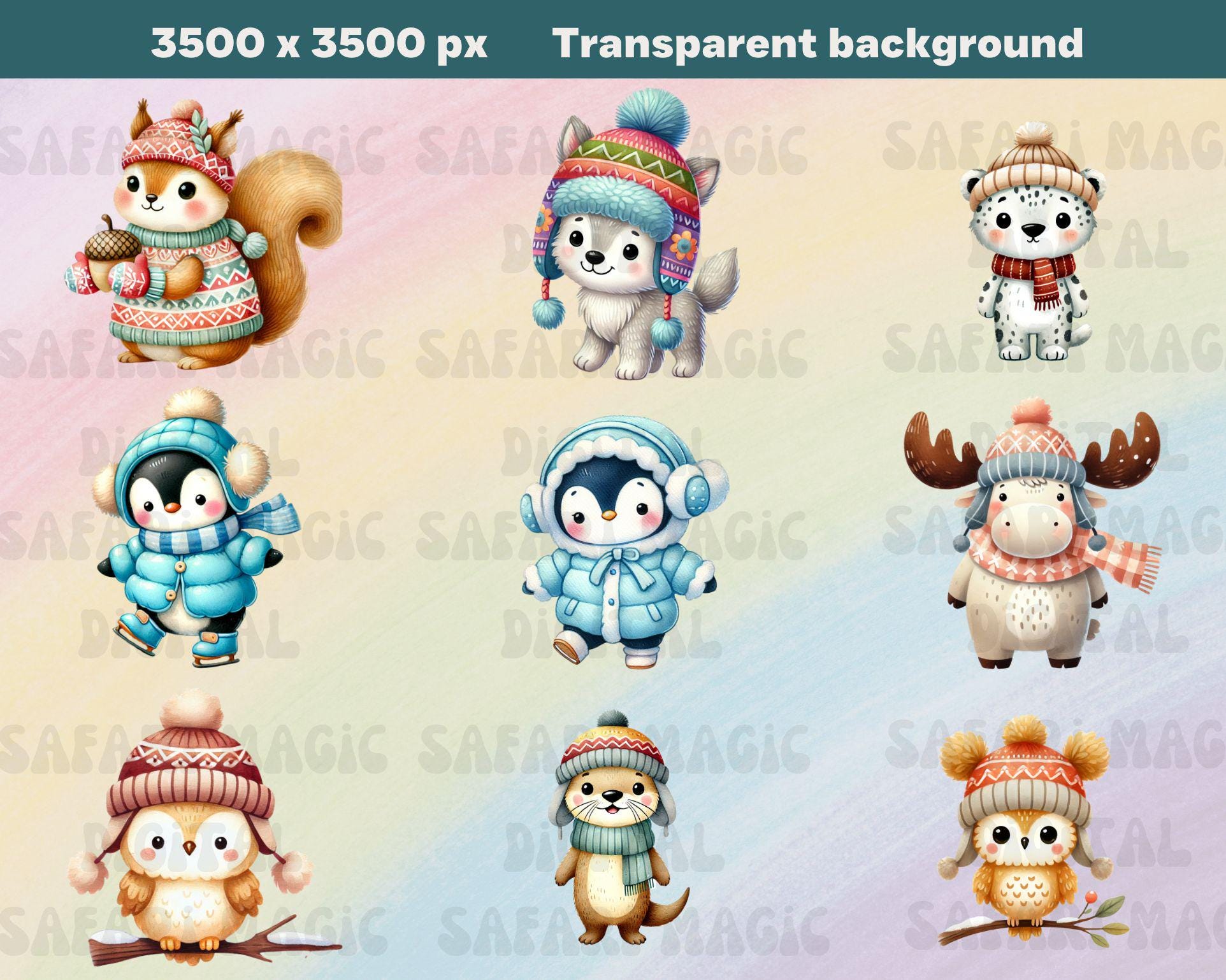 Cute Winter Animal Clipart Bundle PNG Kawaii Cute Animals in Winter ...