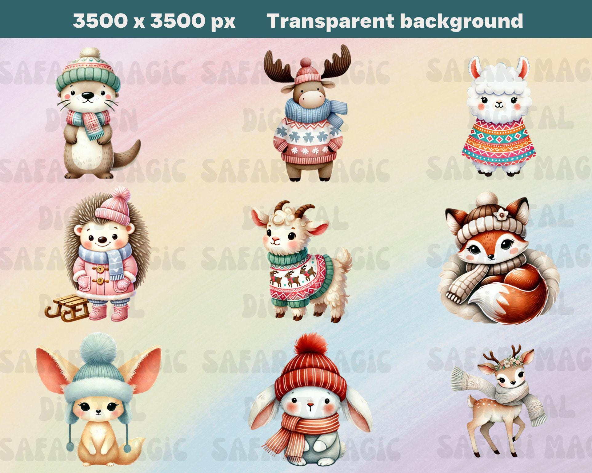 Cute Winter Animal Clipart Bundle PNG Kawaii Cute Animals in Winter ...