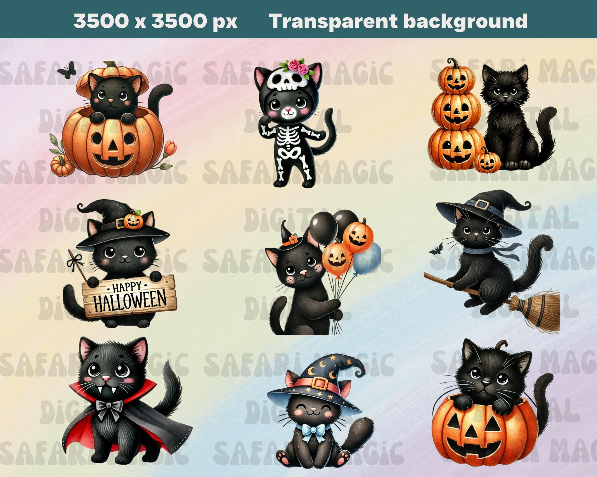Black Cat Halloween PNG, Kawaii Cute Cat Halloween Clipart Watercolor ...
