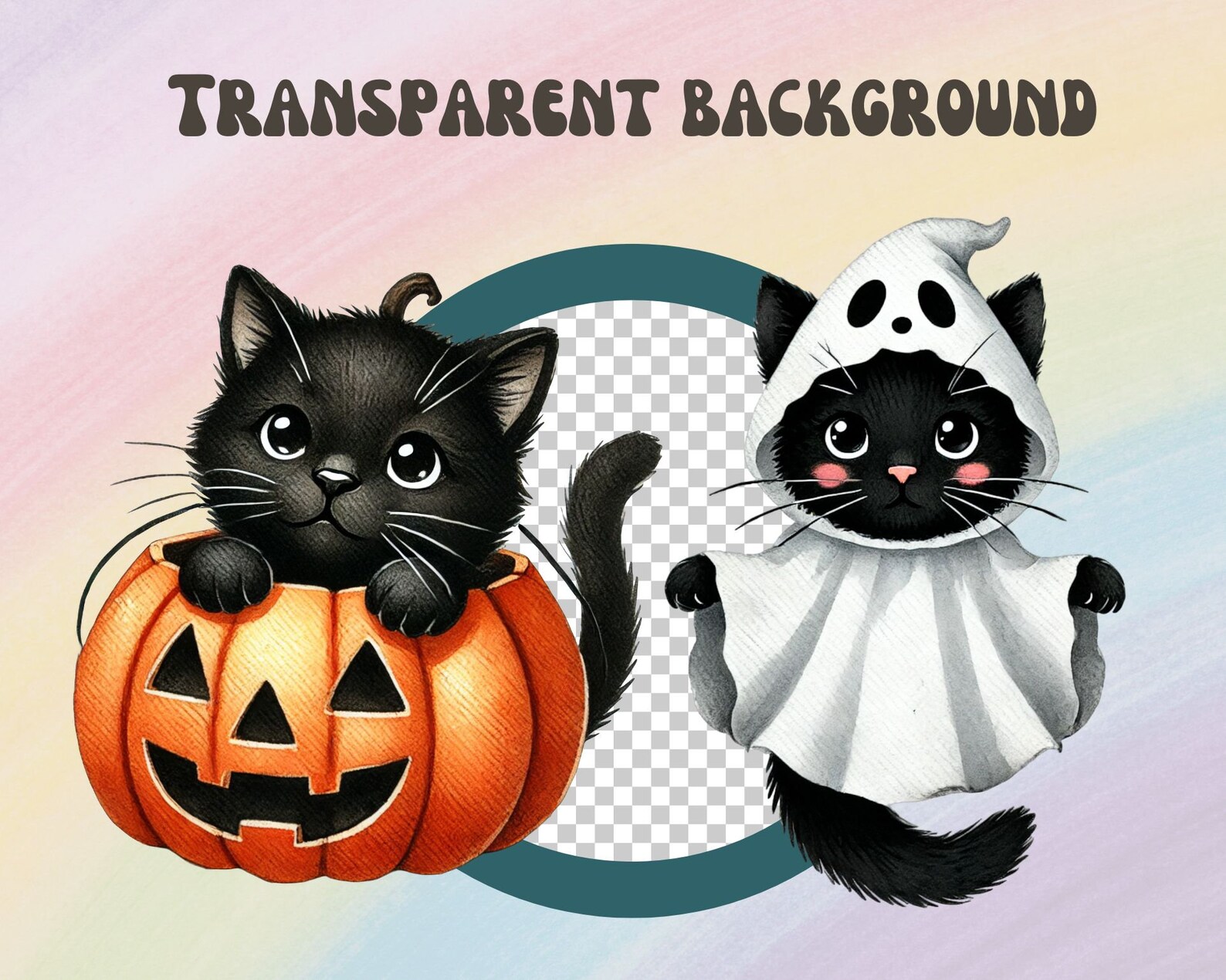 Black Cat Halloween PNG, Kawaii Cute Cat Halloween Clipart Watercolor ...