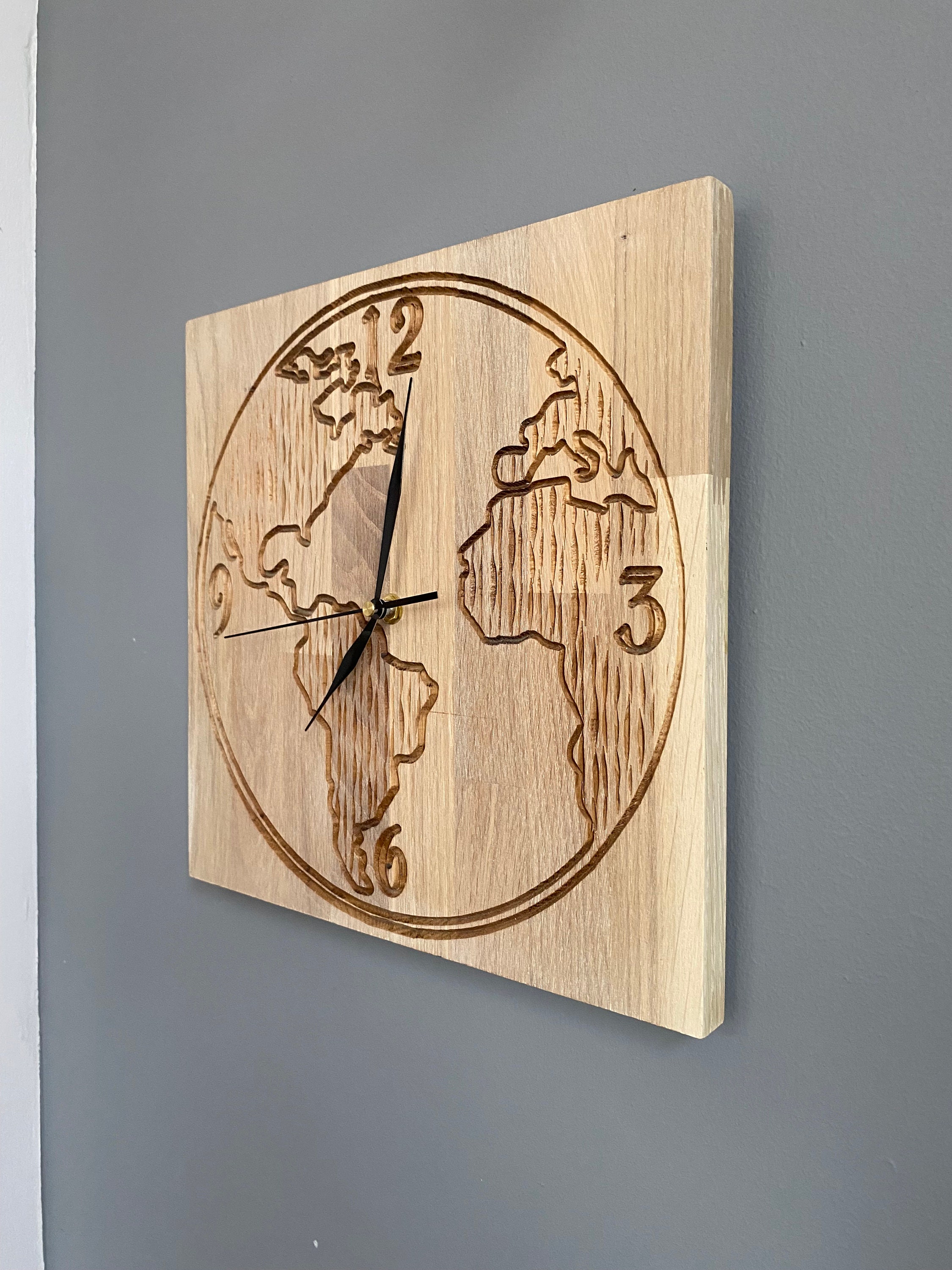 Clock Wood Map Gift Decor Wall Interior Handmade Engraved Rustic Wooden ...