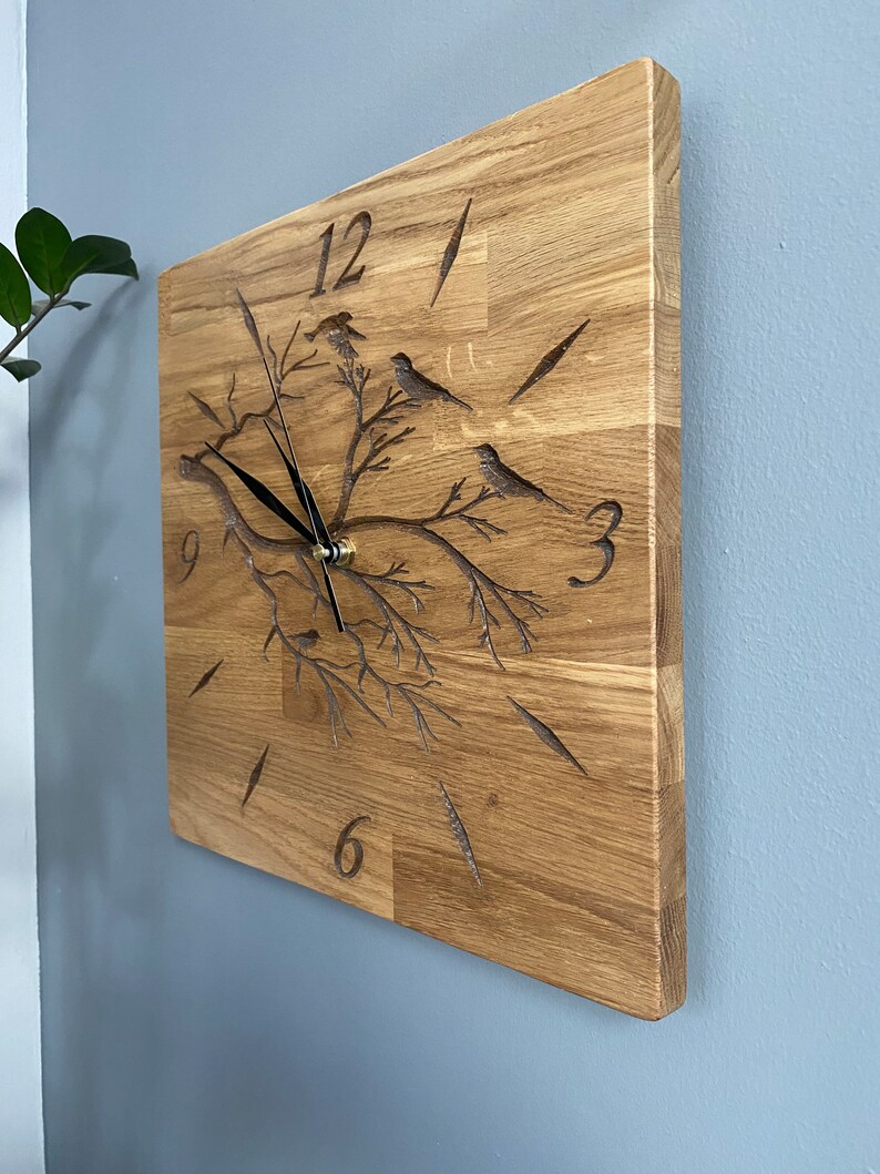 Decor Birds Tree Wall Clock Wooden Oak Engraved Gift Handmade Home ...