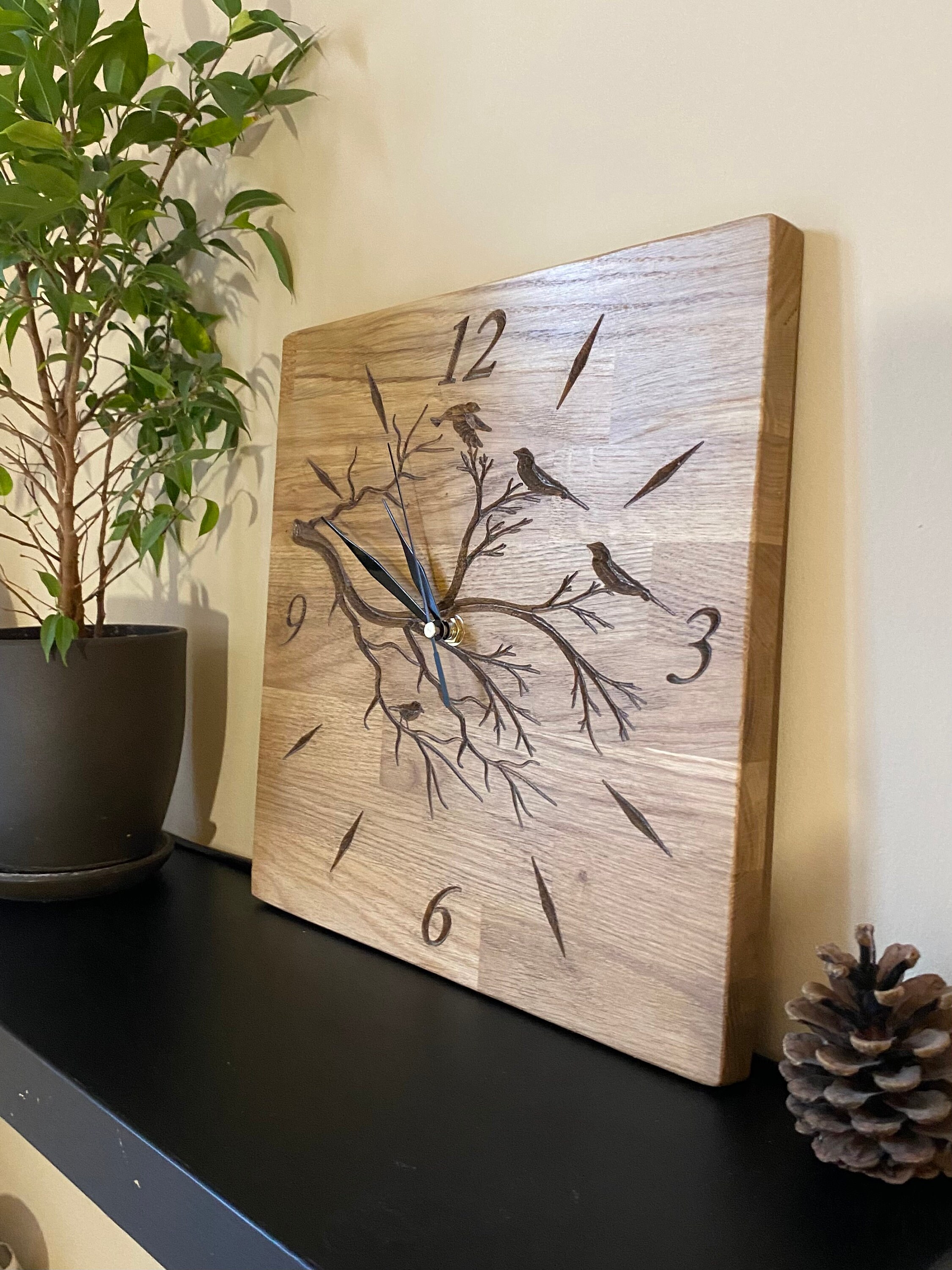 Decor Birds Tree Wall Clock Wooden Oak Engraved Gift Handmade Home ...