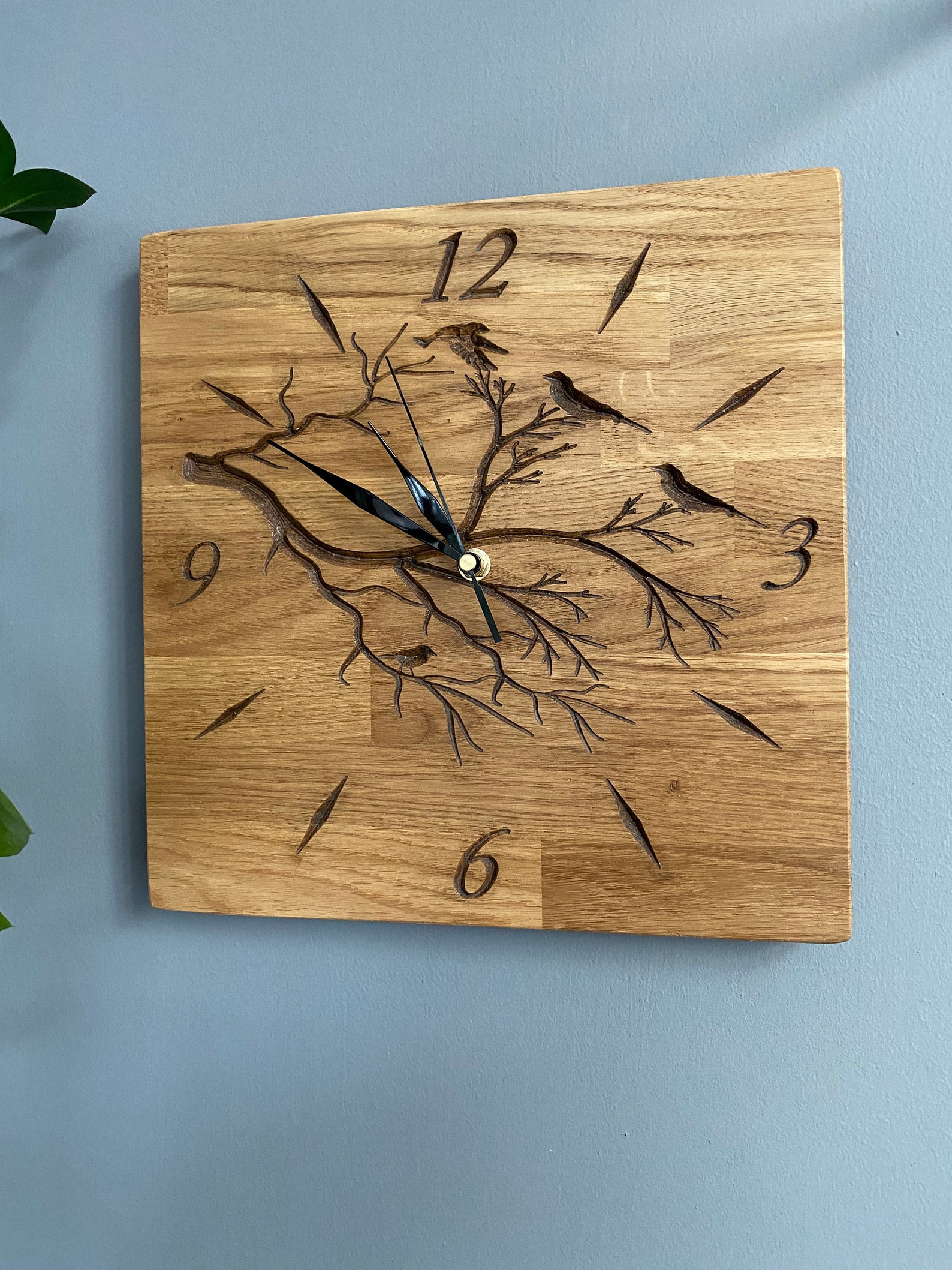 Decor Birds Tree Wall Clock Wooden Oak Engraved Gift Handmade Home ...