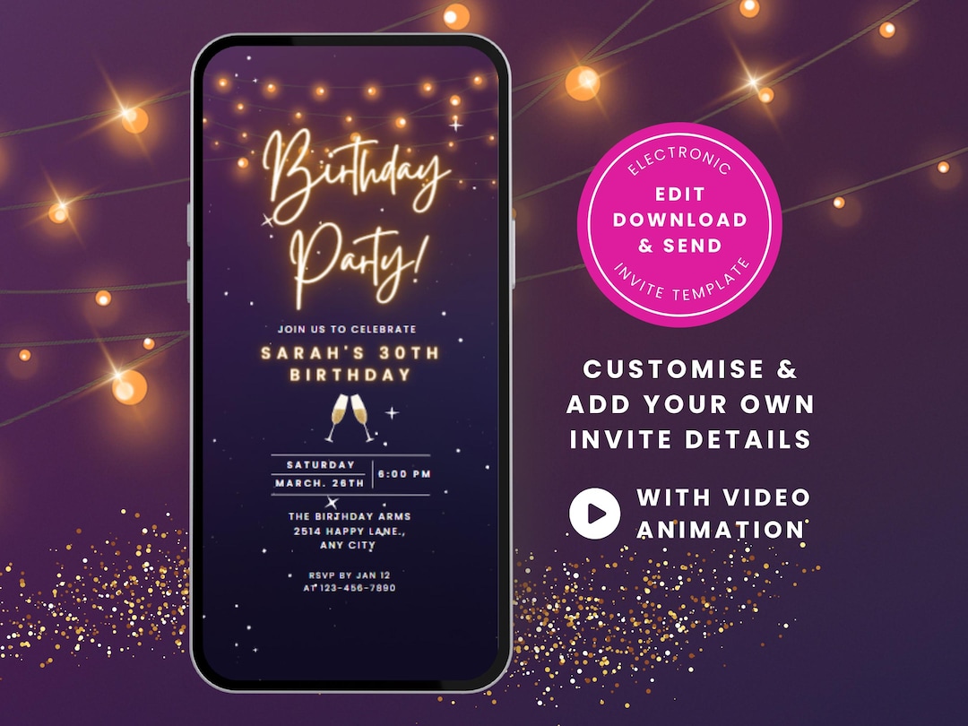Digital Birthday Party Invitation Template Gold Neon Animated Video ...