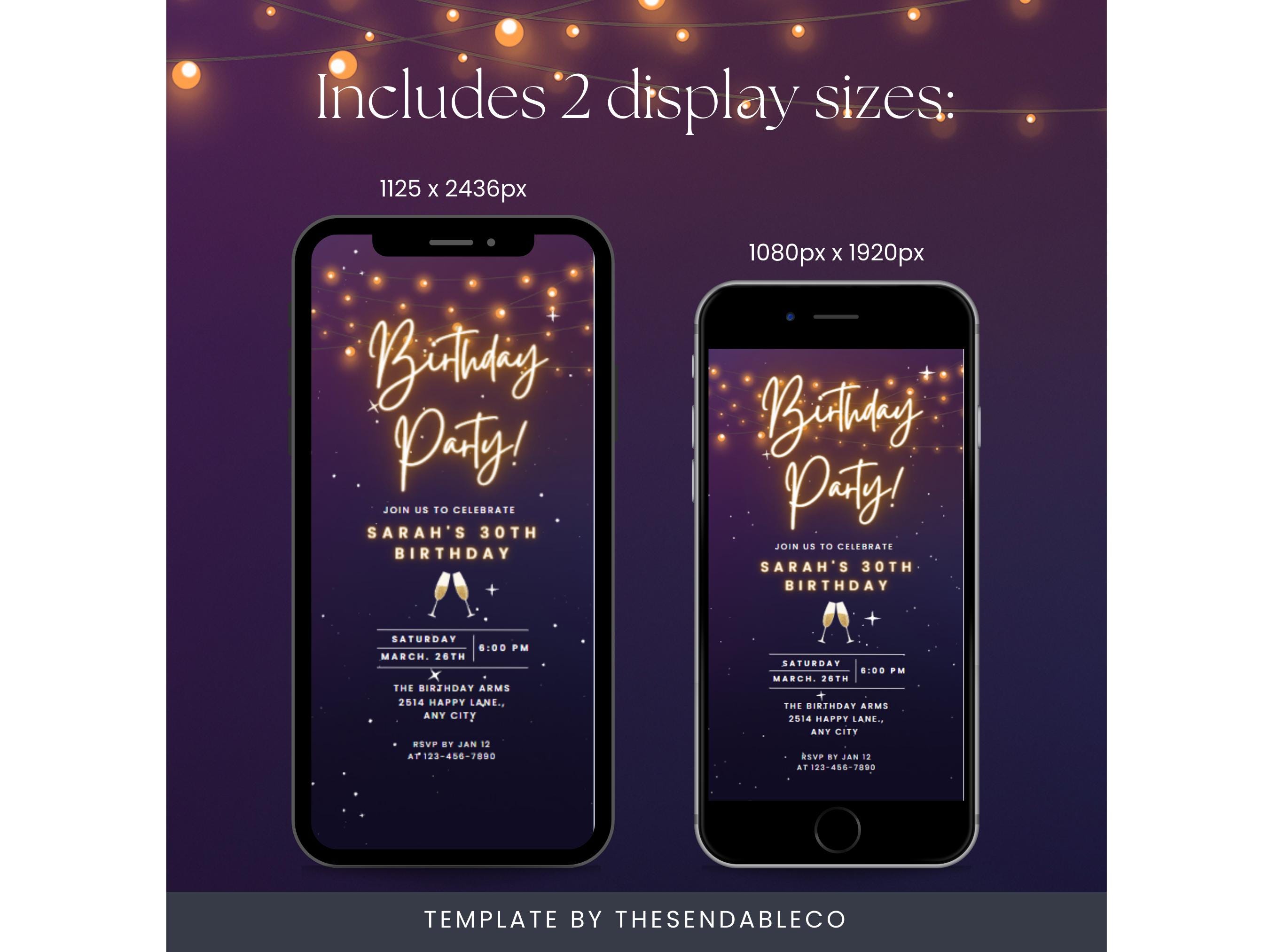 Digital Birthday Party Invitation Template Gold Neon Animated Video ...