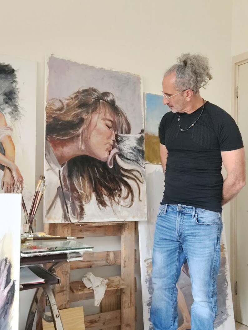 Original Art Oil Painting on Canvas portrait of a Young Girl With a Dog ...