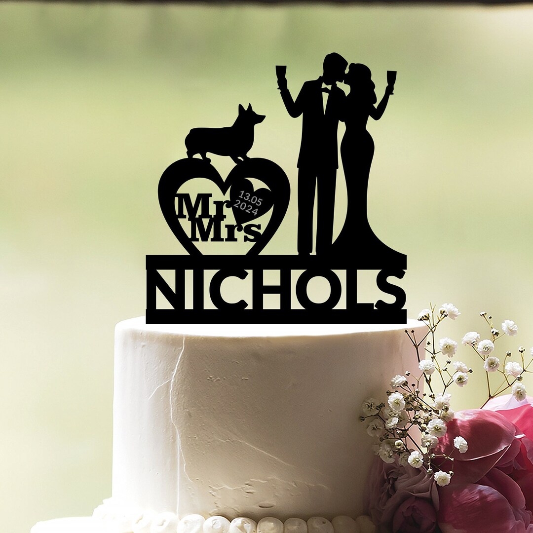 Corgi Wedding Cake Topper, Dog Cake Topper for Wedding, Wine Glasses ...