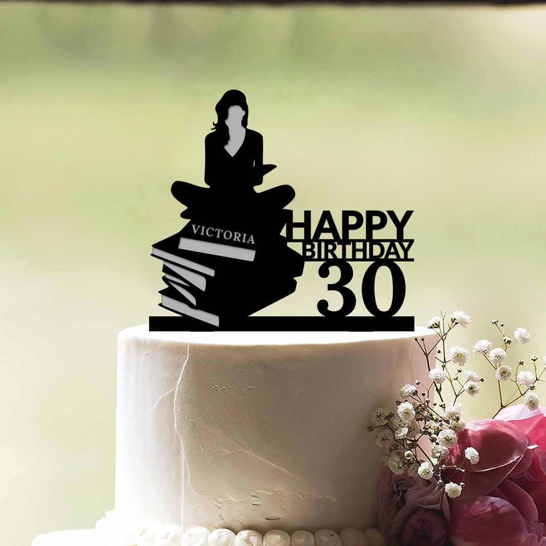 Girl Reading Book Cake Topper, Bookworm Birthday Cake Topper, Happy ...