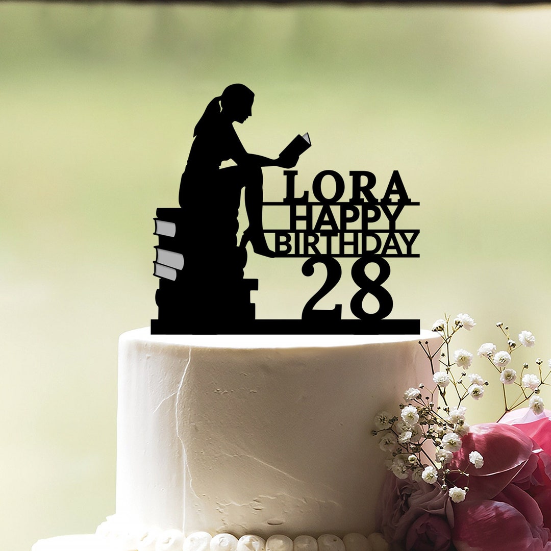 Girl Reading Book Cake Topper, Happy Birthday Reader Topper, Bookworm ...