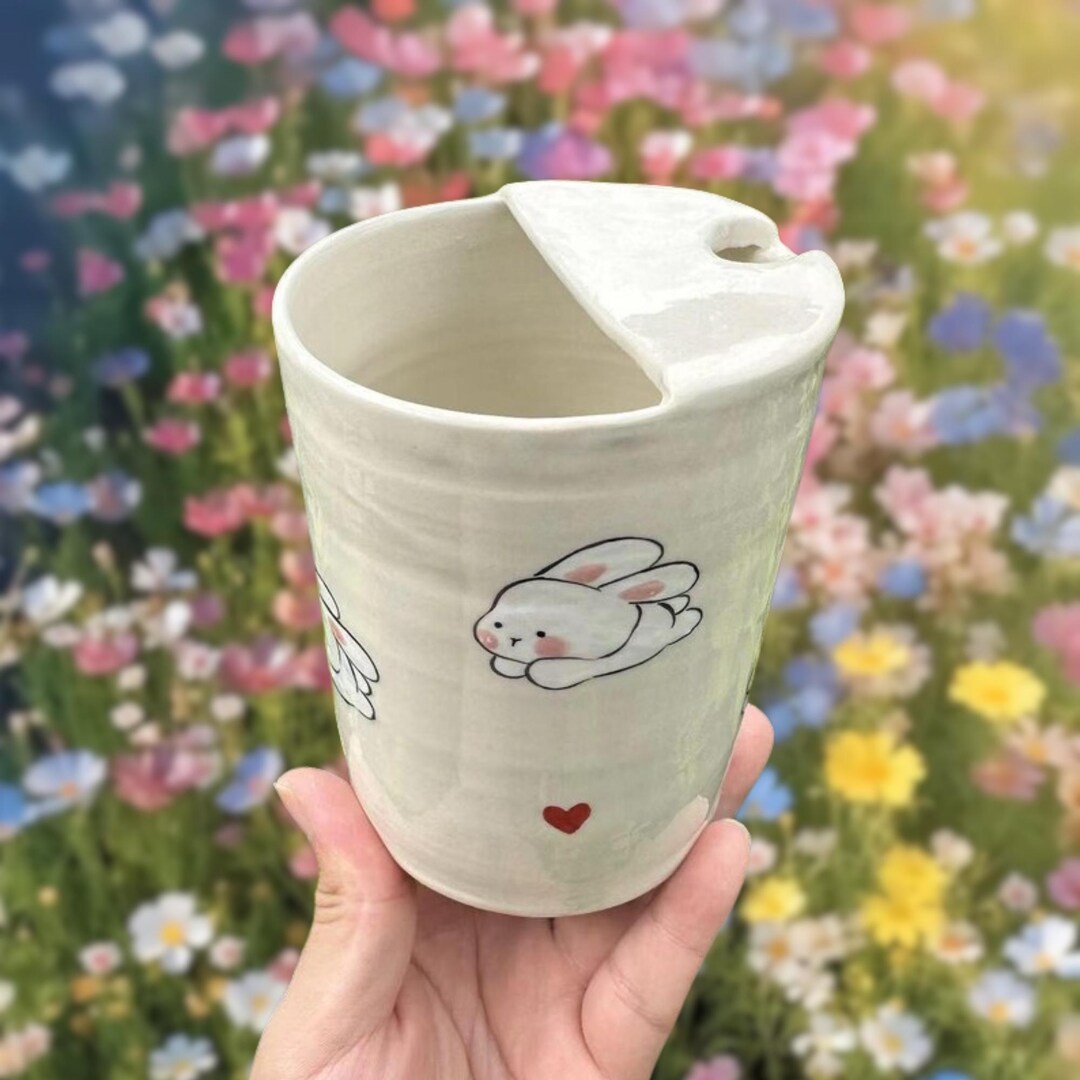 Handmade Bunny Ceramic Travel Mug, Cute Bunny Ceramic Takeaway Mug With ...
