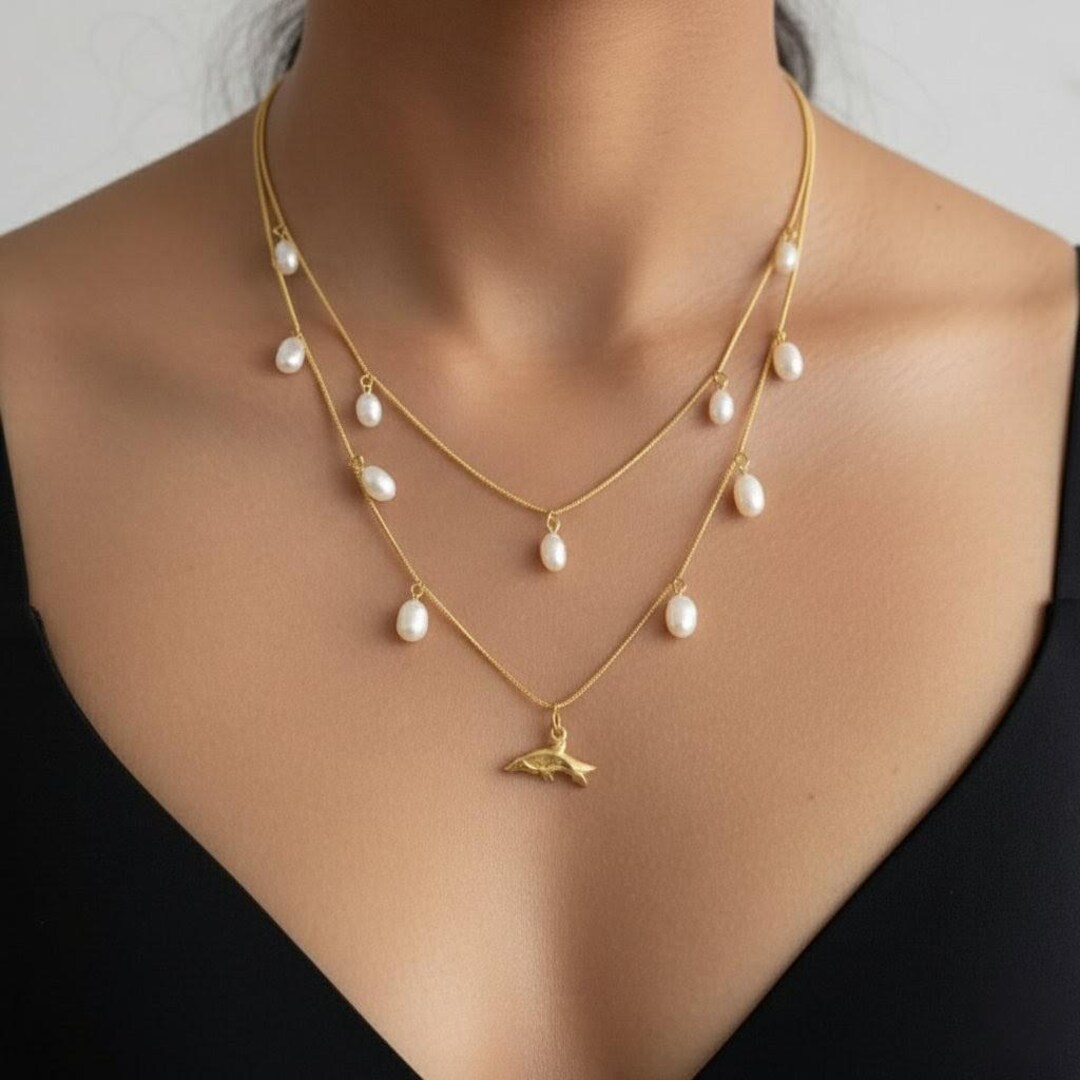 Gold Dolphin Pearl Necklace, Layered Dainty Necklace, Adjustable Gold ...
