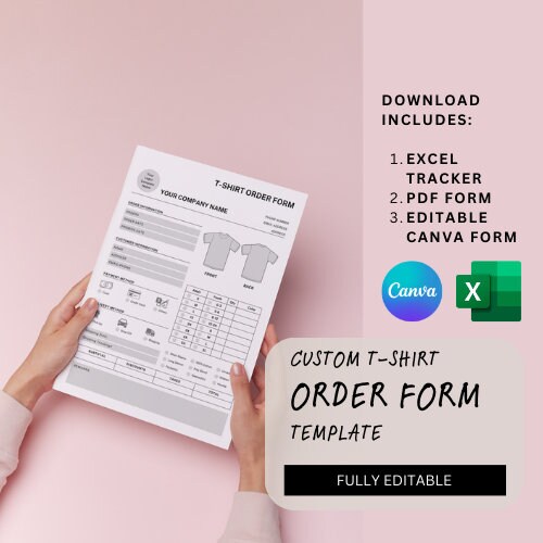 T-shirt Order Form Editable, Printable Template, Custom Shirt Order Form, Order Excel Tracker ...