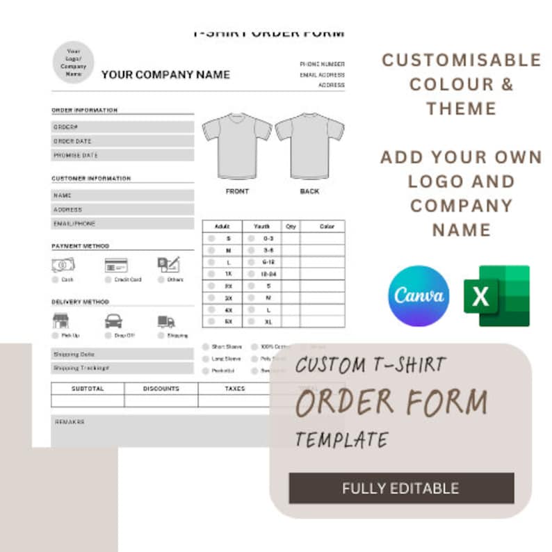 T-shirt Order Form Editable, Printable Template, Custom Shirt Order ...