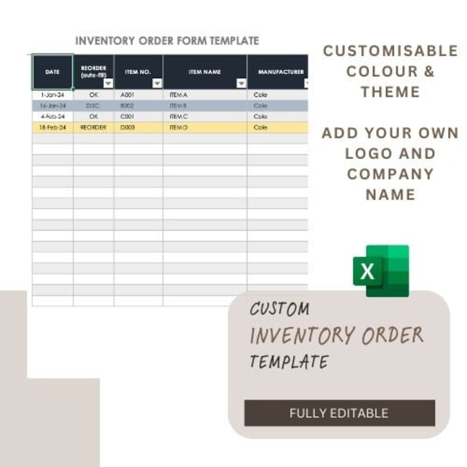 Inventory Order Form, Editable Template, Inventory Template Sheet ...