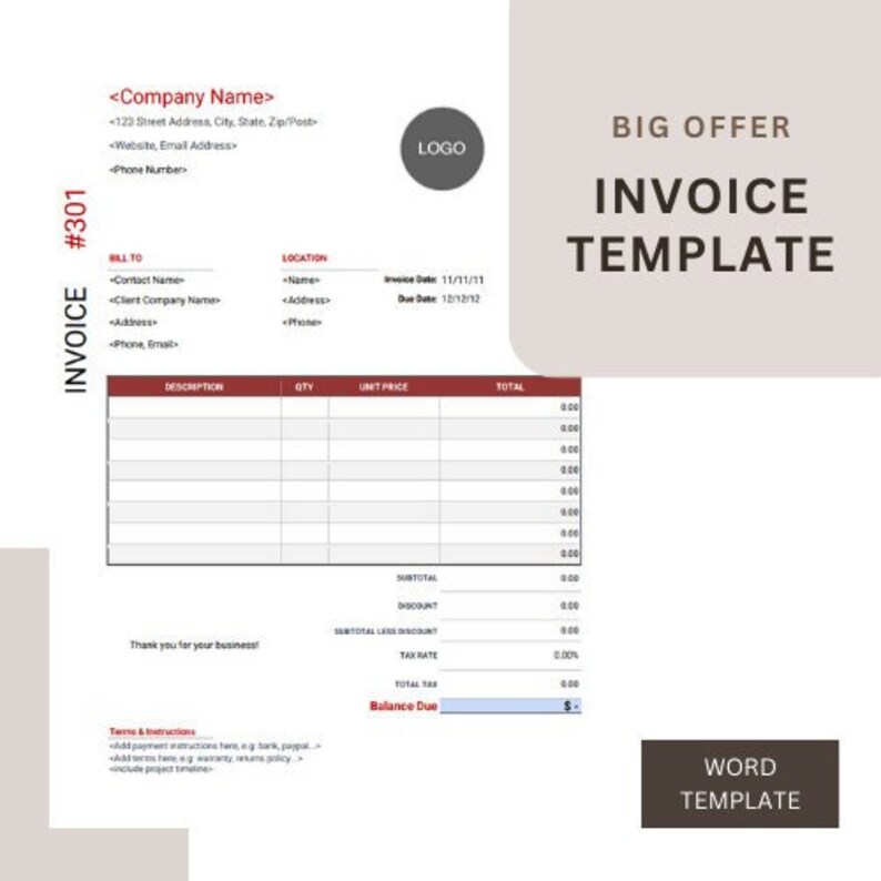 Invoice Template - Printable Invoice - Editable Invoice - Receipt ...