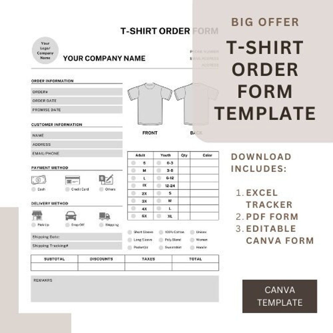 T-shirt Order Form Editable, Printable Template, Custom Shirt Order ...