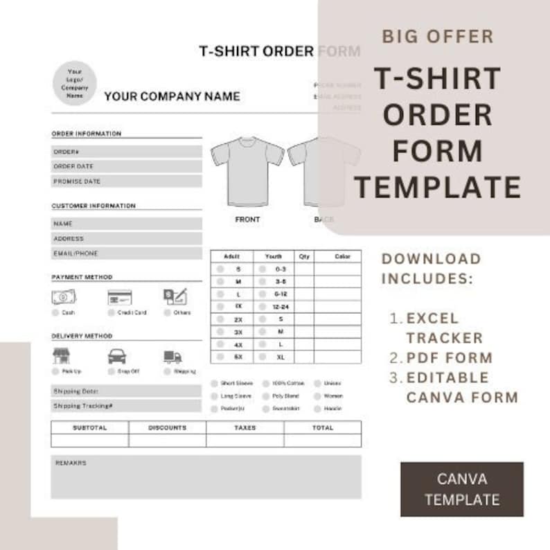 T-shirt Order Form Editable, Printable Template, Custom Shirt Order Form, Order Excel Tracker ...