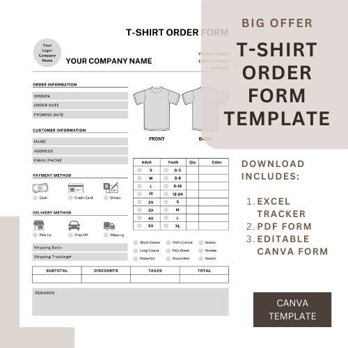 T-shirt Order Form Editable, Printable Template, Custom Shirt Order ...