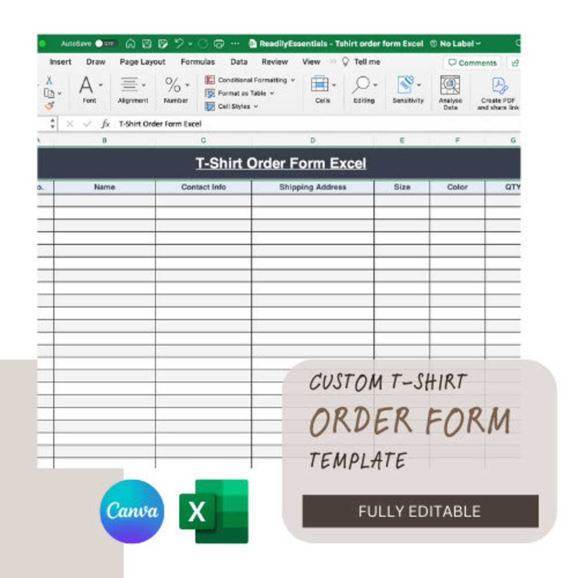 T-shirt Order Form Editable, Printable Template, Custom Shirt Order ...