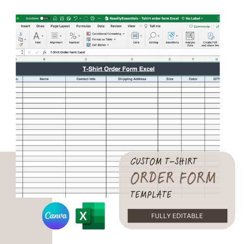 T-shirt Order Form Editable, Printable Template, Custom Shirt Order ...