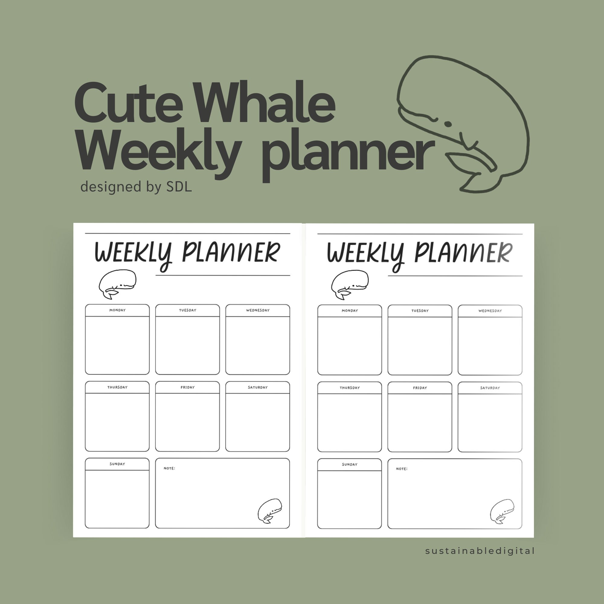 Sperm Whale Weekly Planner Printable Whale Art Diving School Planner ...