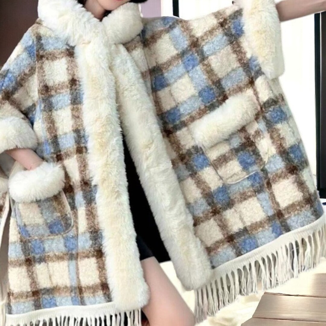 Faux Fur Cape Coat,hooded Cardigan Shawls,plaid Women Shawls,warm Fur ...