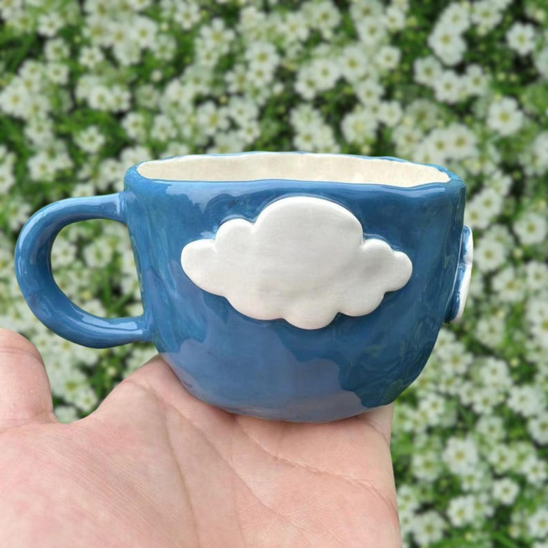 Handmade Blue Sky and White Clouds Cute Ceramic Cup, Blue Sky and White Clouds Ceramic Cup, Cute ...