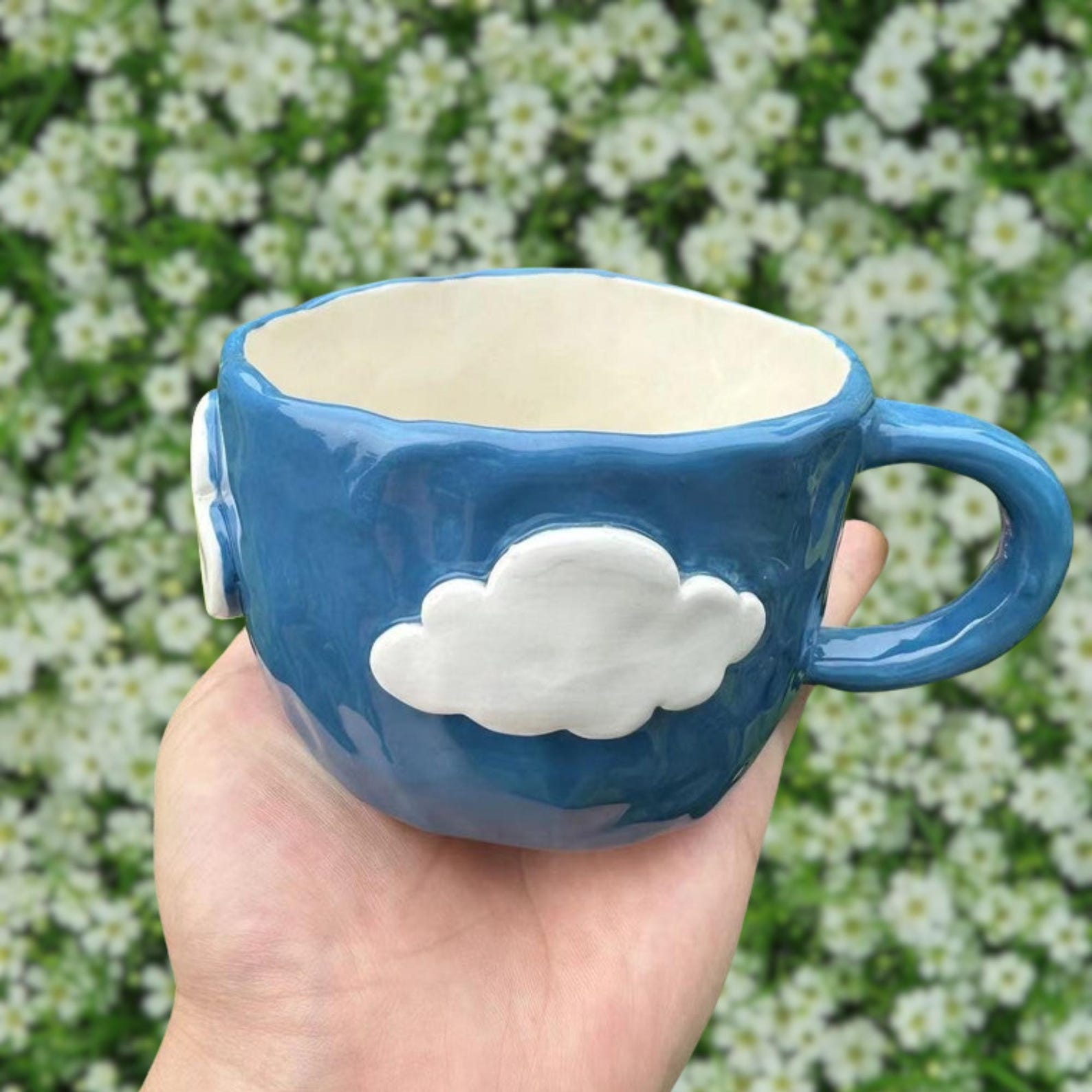 Handmade Blue Sky and White Clouds Cute Ceramic Cup, Blue Sky and White ...