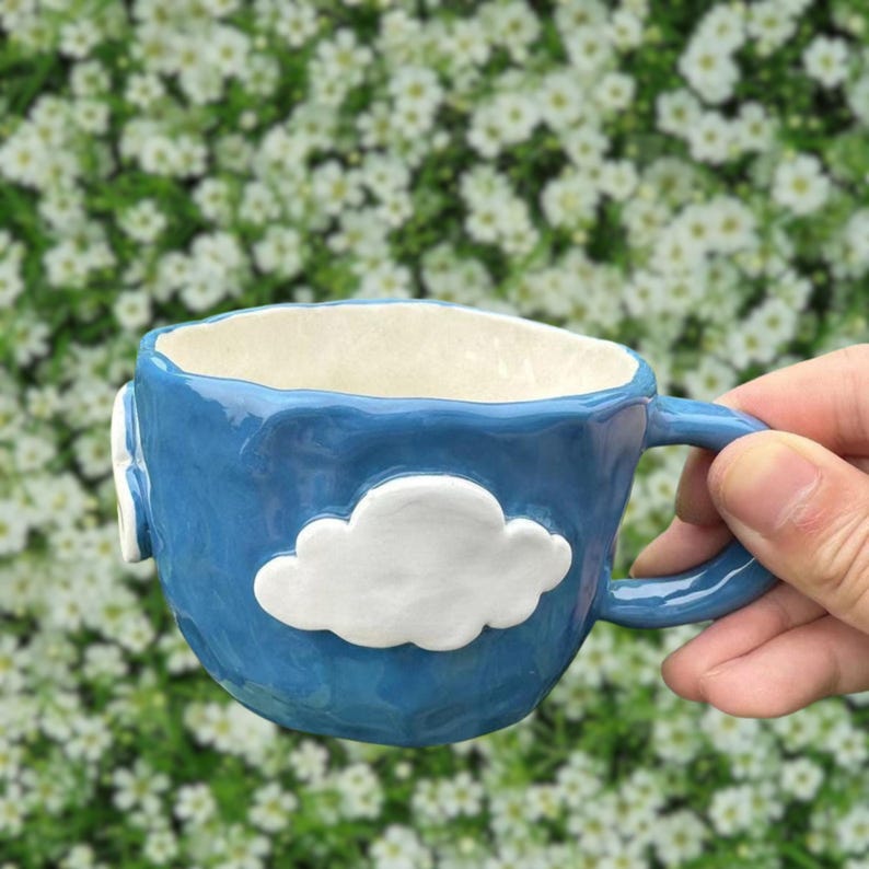 Handmade Blue Sky and White Clouds Cute Ceramic Cup, Blue Sky and White ...