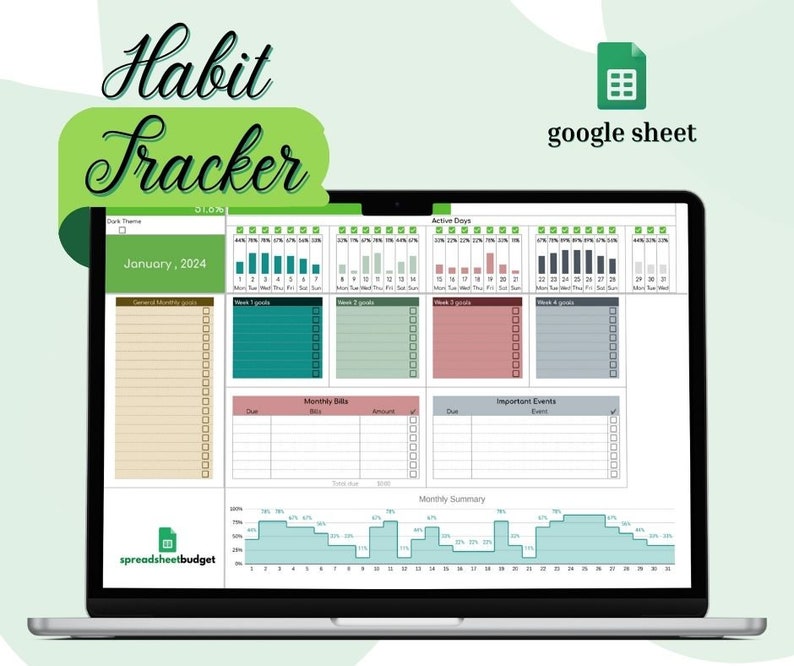 Spreadsheet Habit Tracker, Google Sheet, Tamplate Habit Tracker, Goals ...