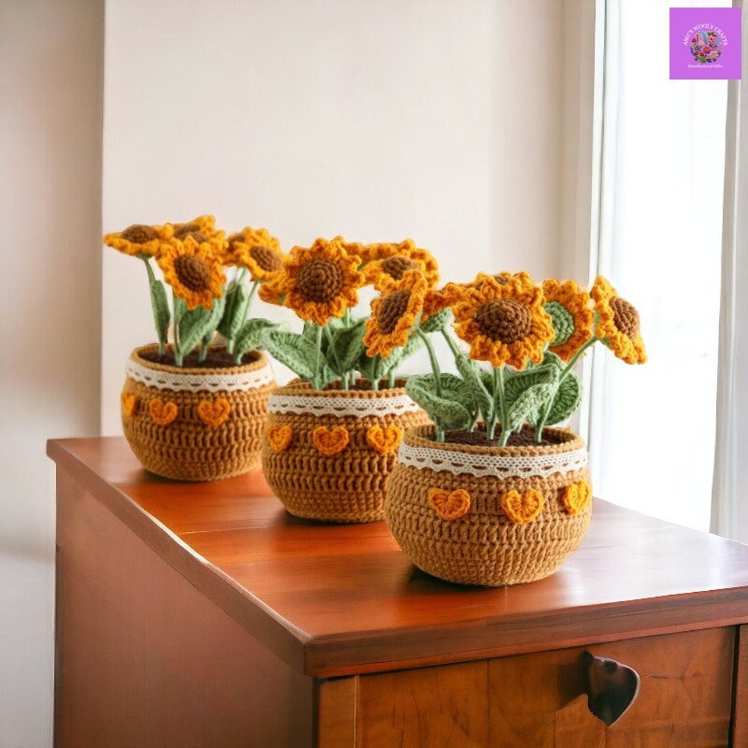 Crochet Sunflowers Pots,crochet Artificial Flowers,knitted Cute ...