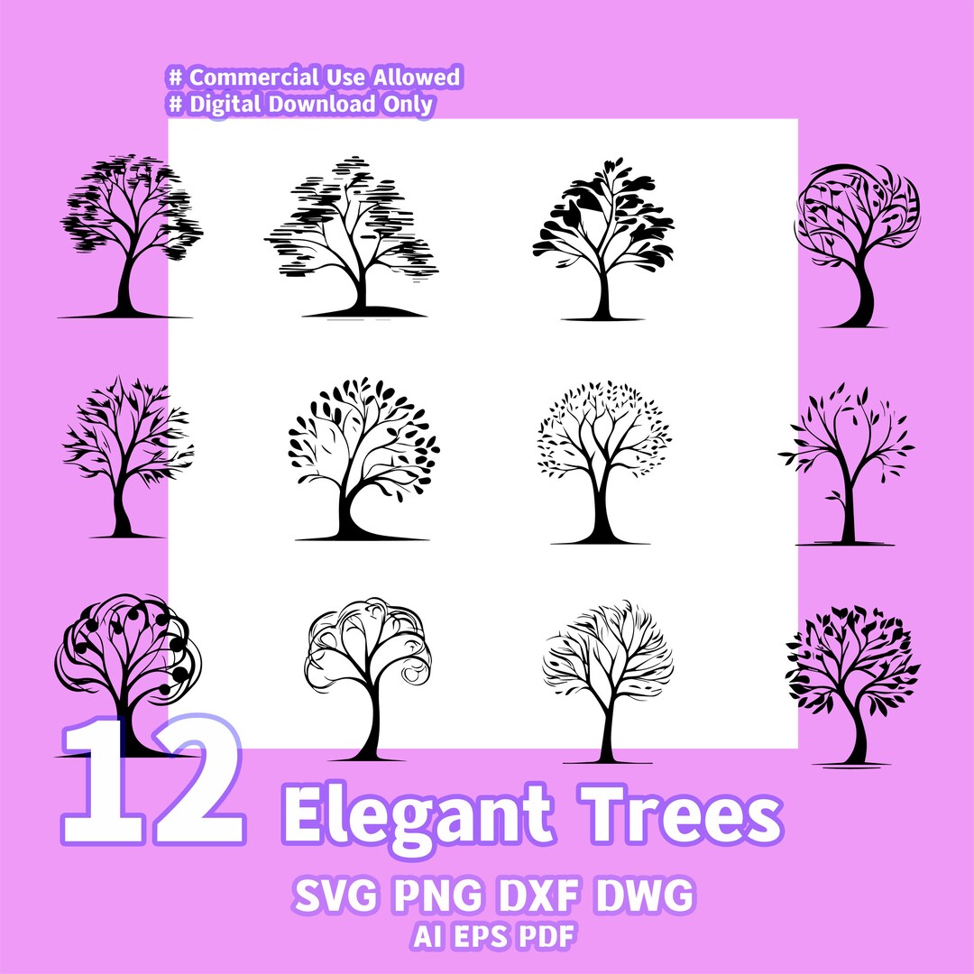 12 Elegant Trees Bundle SVG, Nature SVG, Trees SVG, Silhouette, Cut ...