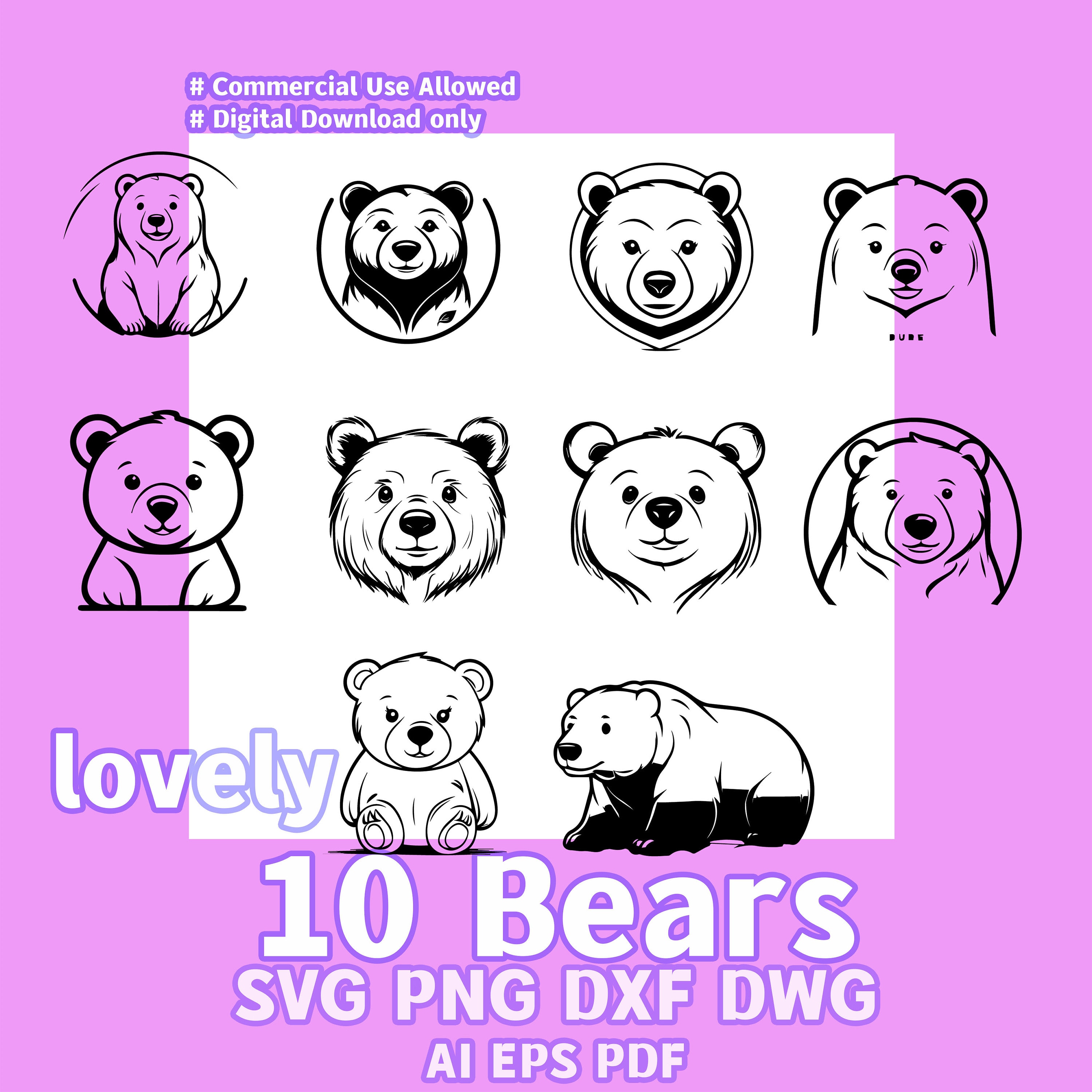 10 Lovely Bear Bundle SVG, Lovely Svg, Silhouette Svg, Animals Svg, Cut ...