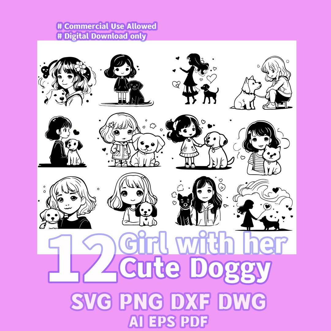 12 Girl With Her Cute Doggy Bundle SVG, Dog Lover Svg, Dog Mom, Pet Dog ...