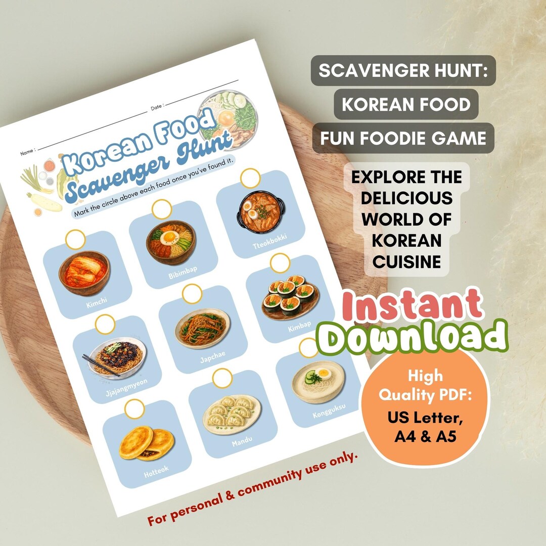 Korean Food Scavenger Hunt Printable | Cultural Fun Fact Cards | Game ...