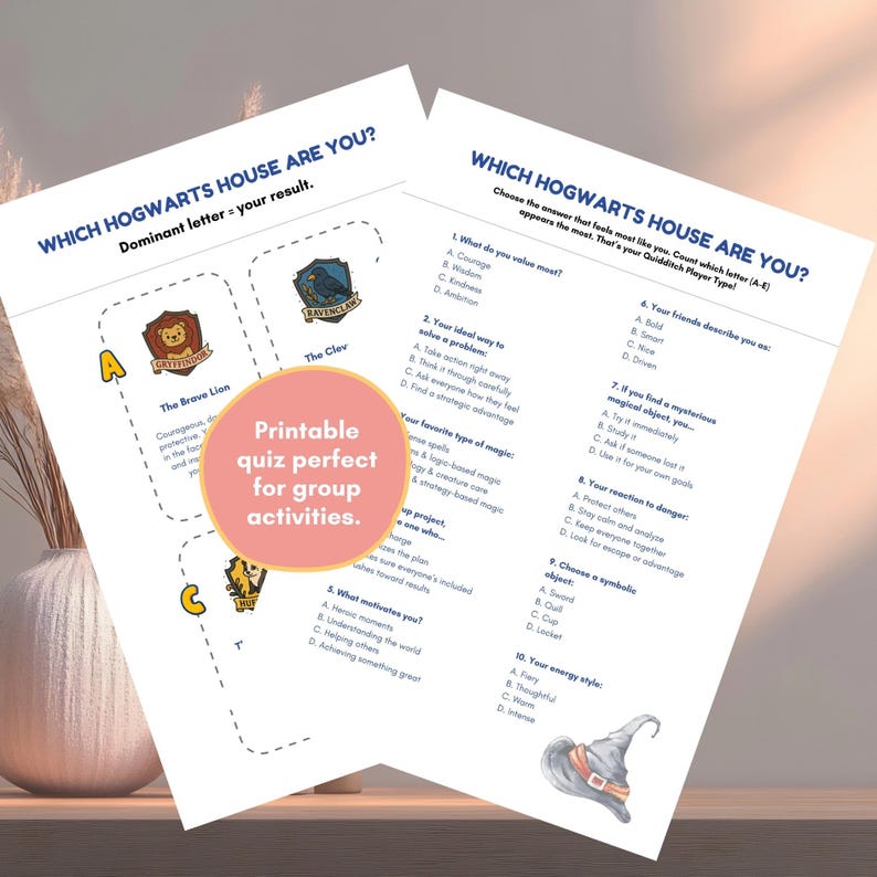 Hogwarts House Sorting Quiz | Printable Magic School Game | Group ...