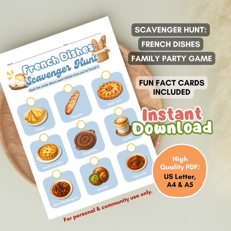 French Food Scavenger Hunt Printable | Indoor Printable Game Activity ...