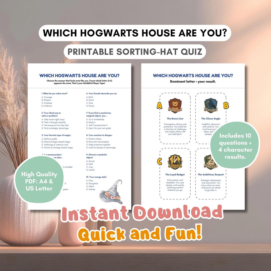 Hogwarts House Sorting Quiz | Printable Magic School Game | Group ...