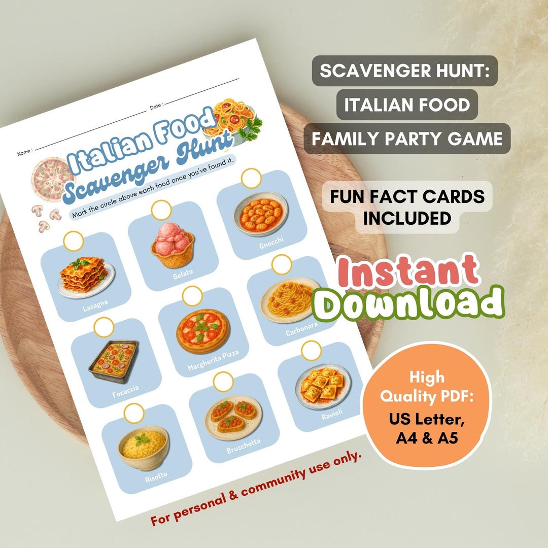 Italian Food Scavenger Hunt Printable | Indoor Printable Game Activity ...