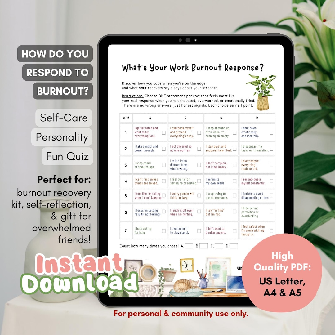 Work Burnout Response Quiz | Printable Personality Test | Mental Health ...