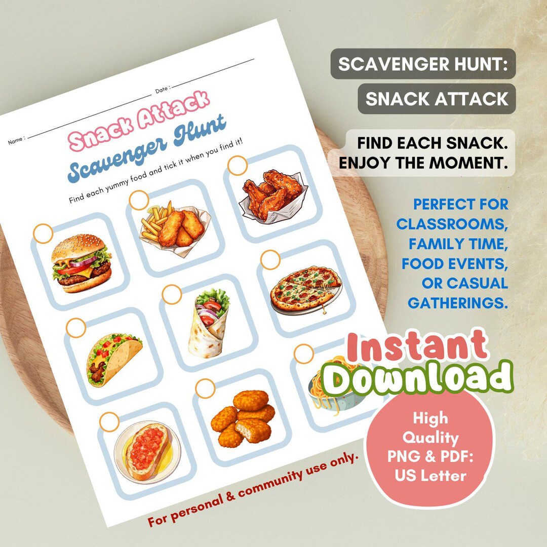 Snack Attack Scavenger Hunt Printable | Food Party Game | Classroom ...