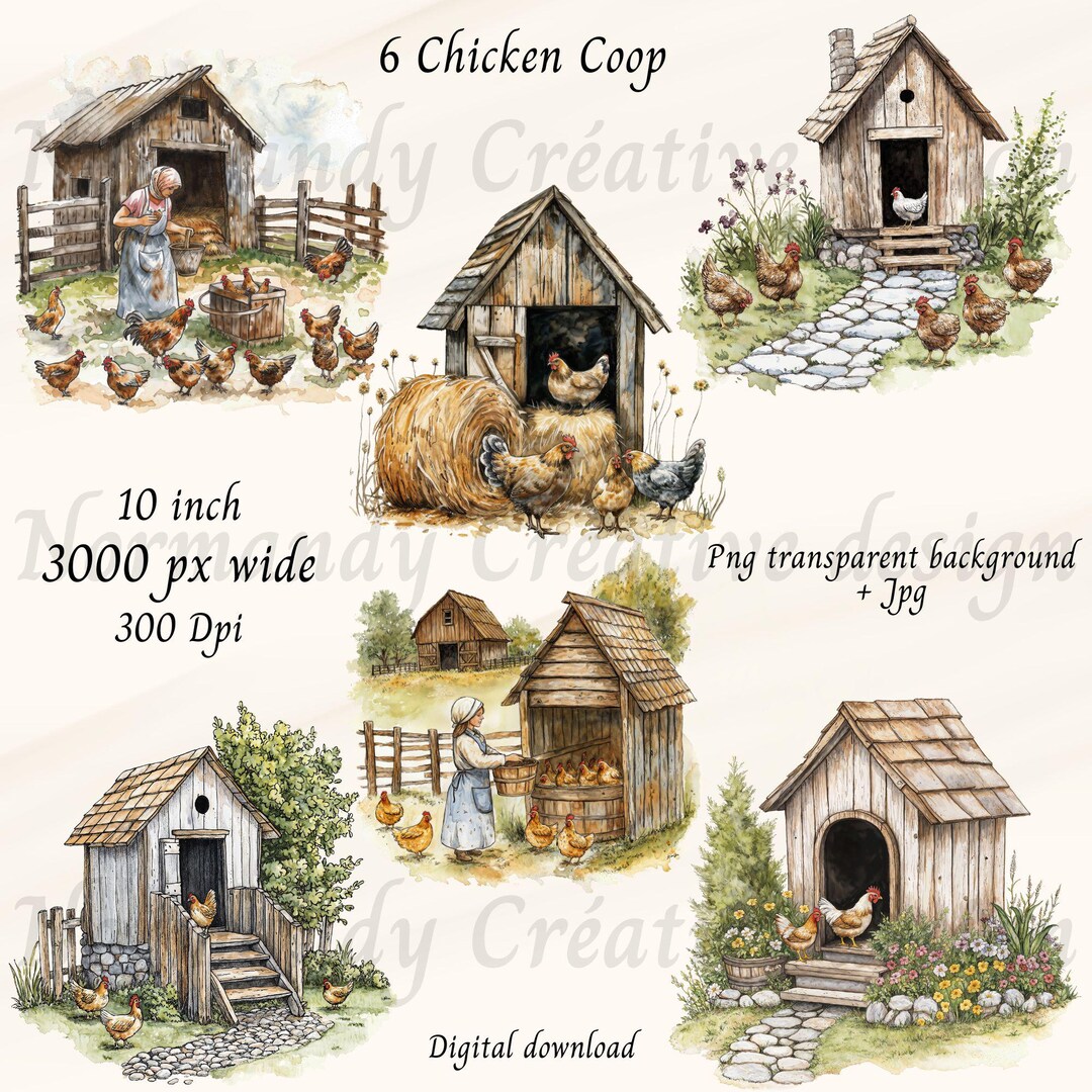 Watercolor Chicken Coop, 6 Chicken Coop Clipart, Farm Animals Png and ...