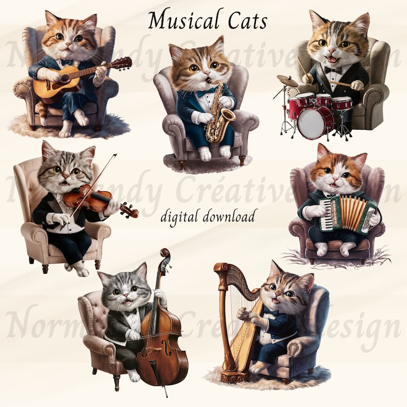 Musical Cats Clipart Bundle, Cute Animal Png Perfect for Music Lovers ...