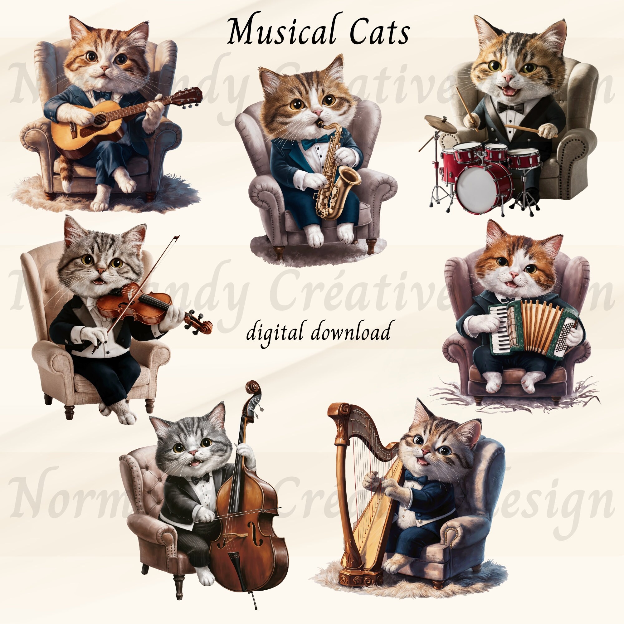 Musical Cats Clipart Bundle, Cute Animal Png Perfect for Music Lovers ...