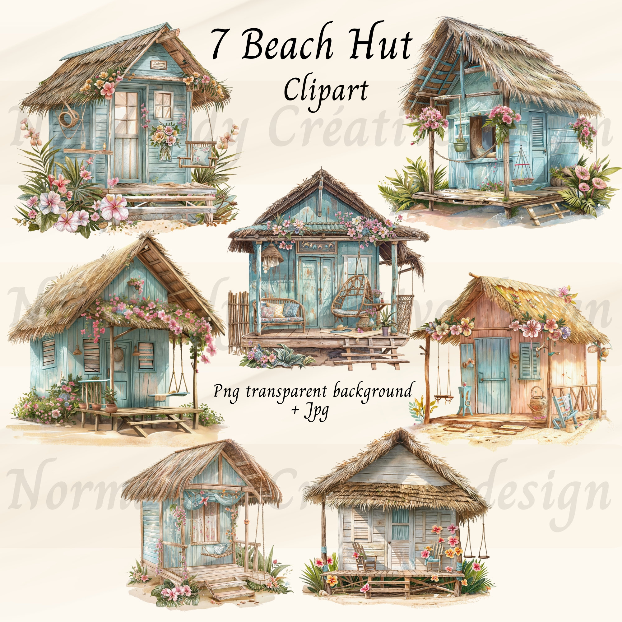 Beach Hut Clipart, 7 Cottage Summer Set Png and Jpg, Beach Summer ...